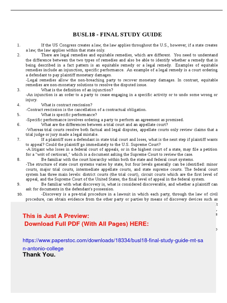 BUSL18 Final Study Guide MT San Antonio College | PDF