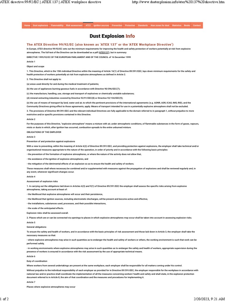 ATEX Directive 99 - 92 - EC ATEX 137 ATEX Workplace Directive PDF | PDF