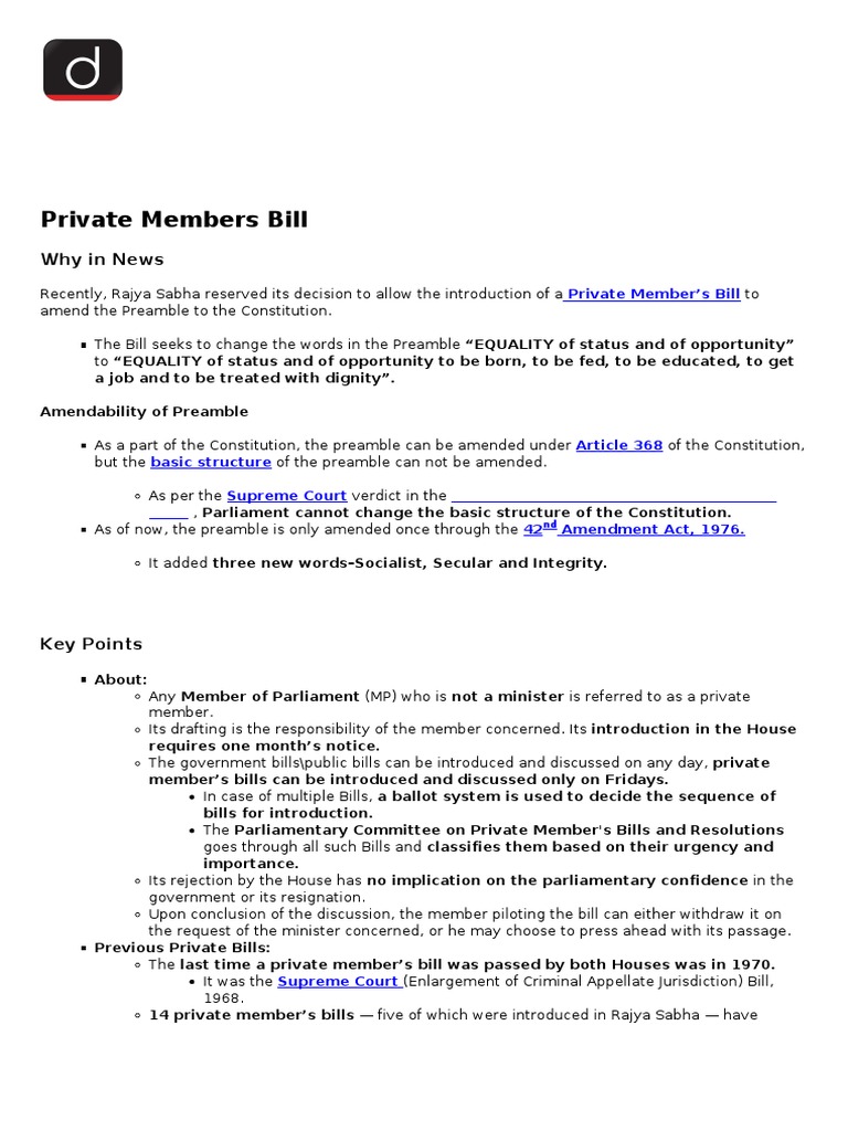 Private Members Bill: Why in News | PDF | Bill (Law) | Government