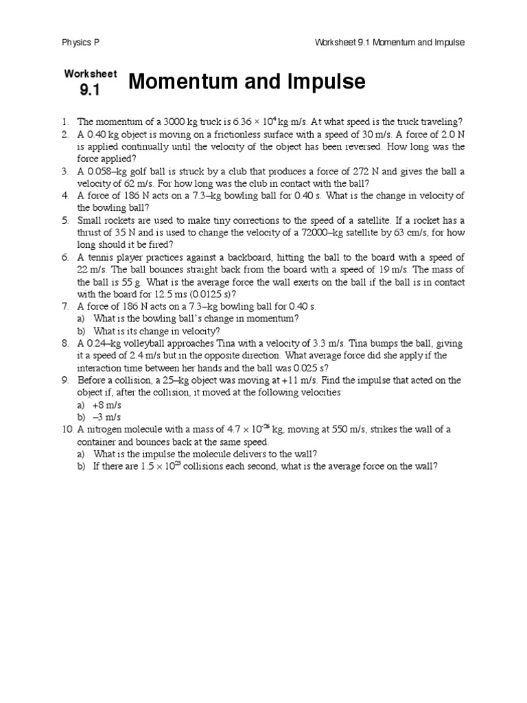 Uploads241324130184worksheet 9.1 Impulse and Momentum PDF | PDF | Force ...