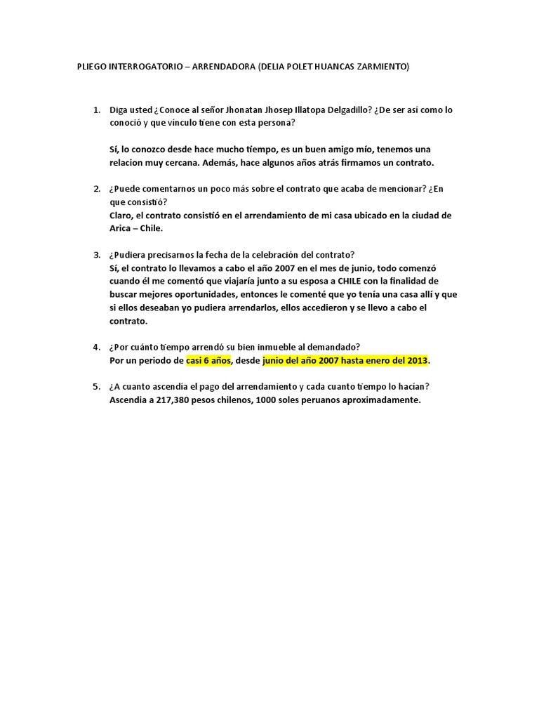 Pliego Interrogatorio - Arrendadora (Sandy) | PDF