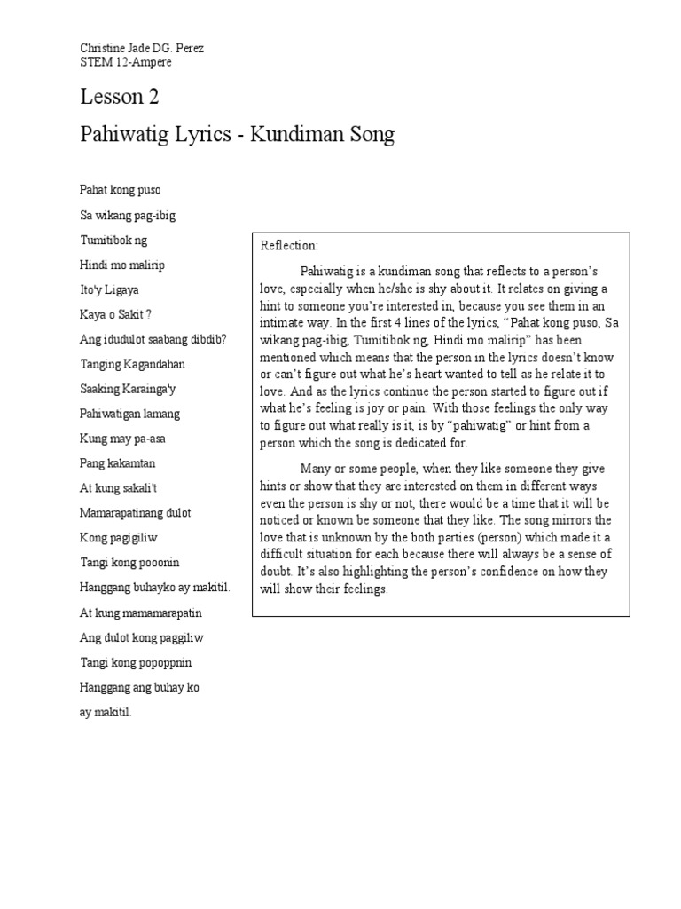 Christine Jade Perez-Lesson 2 Kundiman and OPM Songs Reflection | PDF
