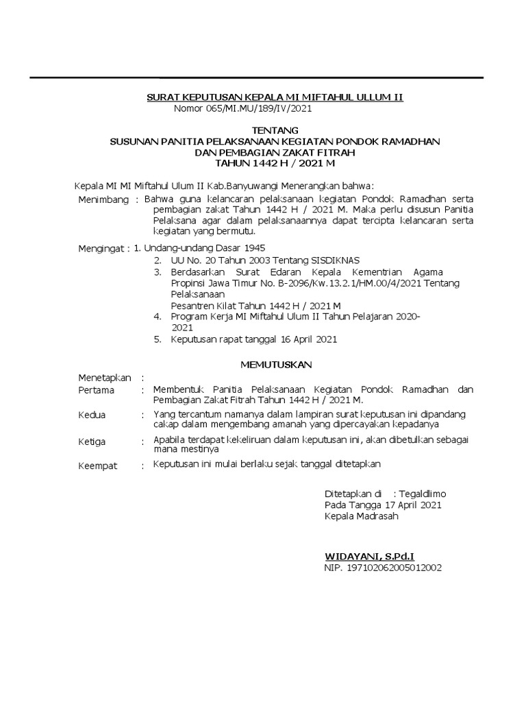 Contoh SK Panitia Pondok Ramadhan 2021 | PDF