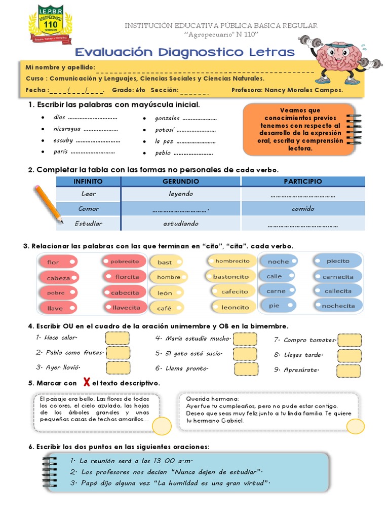 Examen Diagnóstico de Letras 1er Grado | PDF | Sintaxis | Lingüística