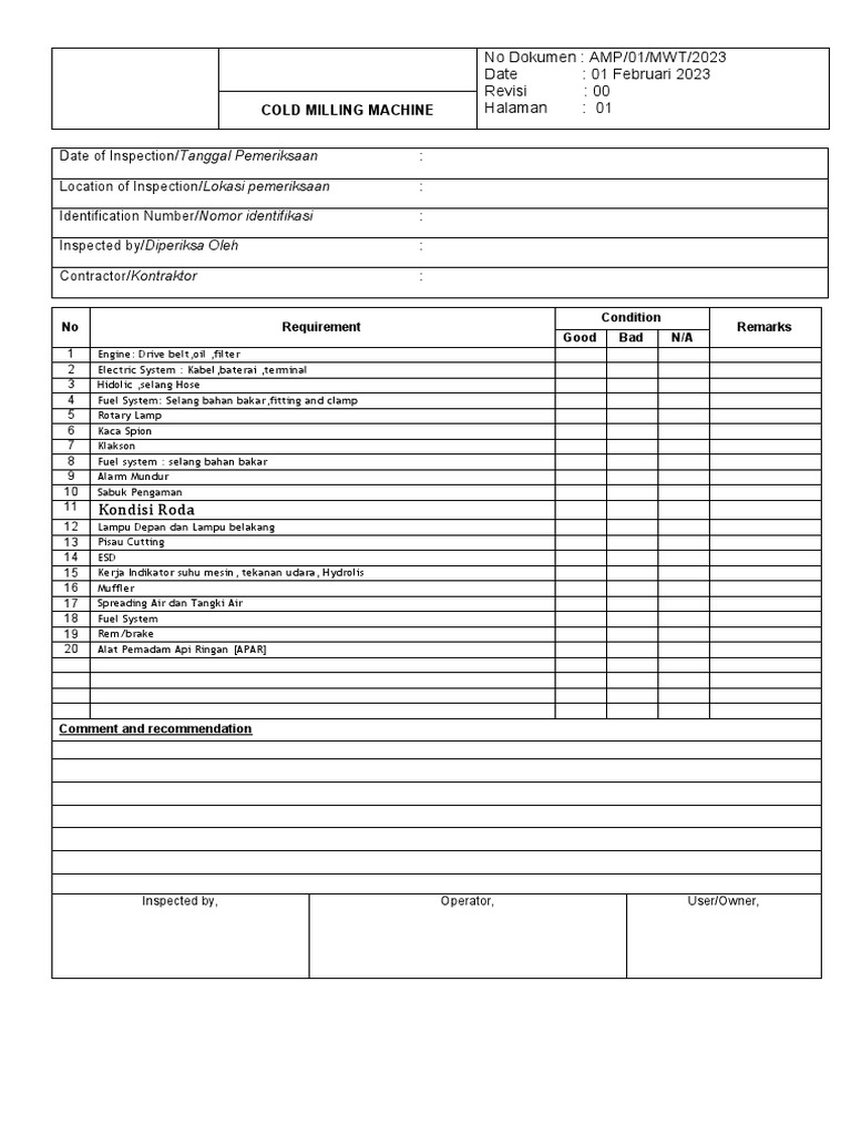Cold Milling Machine Checklist | PDF