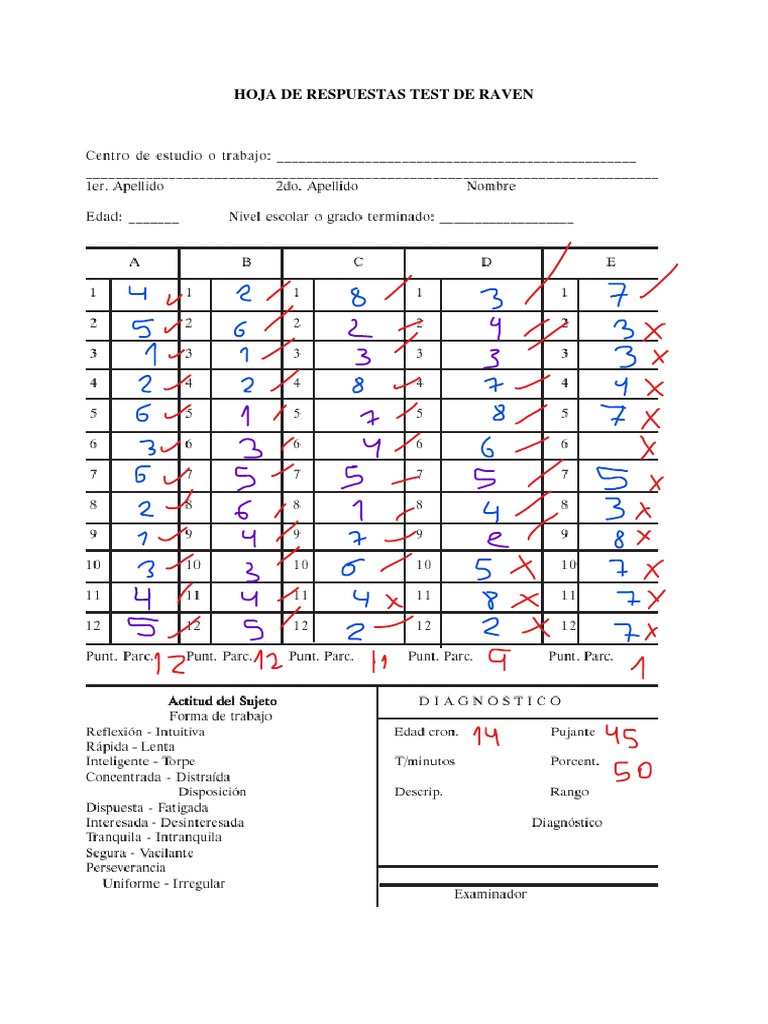 Hoja de Respuestas Test de Raven | PDF