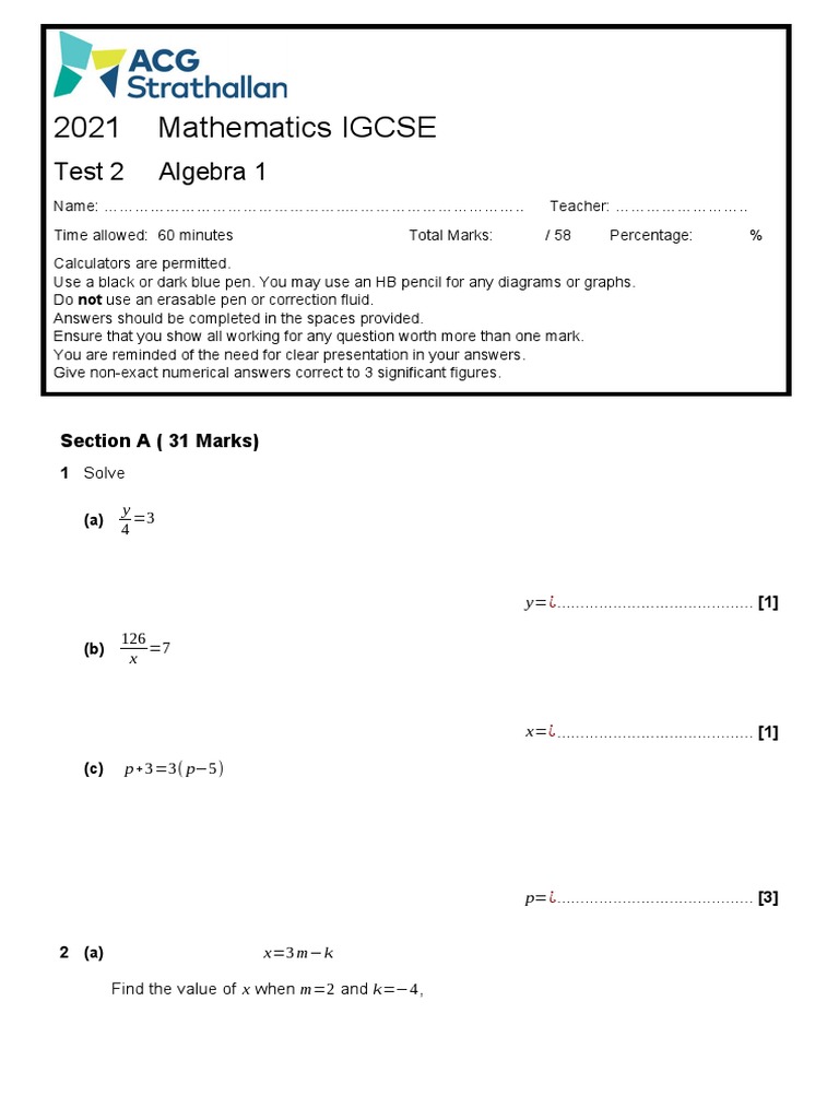 Test 2 Algebra 2021 | PDF