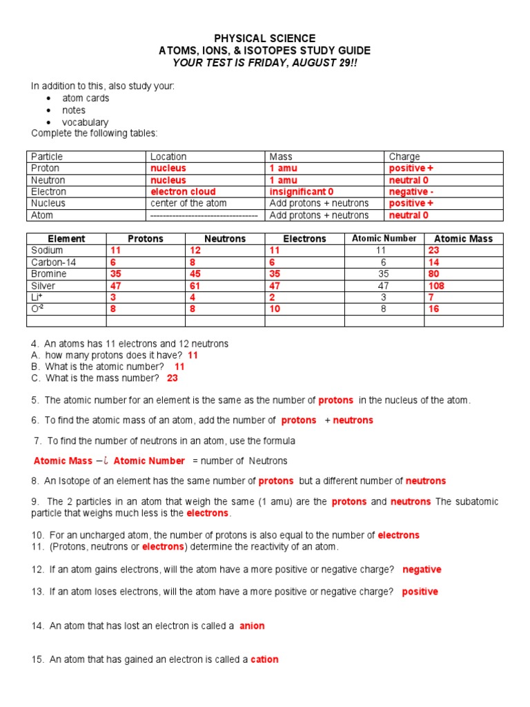 Atoms Ions & Isotopes Study Guide Answers | PDF | Atoms | Ion Atoms Ions & Isotopes Study Guide Answers | PDF | Atoms | Ion