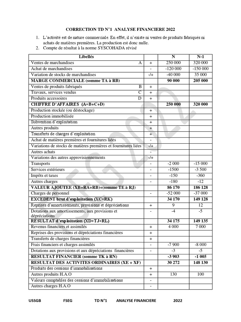 CORRECTION TD N°1 ANALYSE FINANCIERE FSEG 2022 (Revisée) PDF | PDF | Revenu brut | Capitaux propres