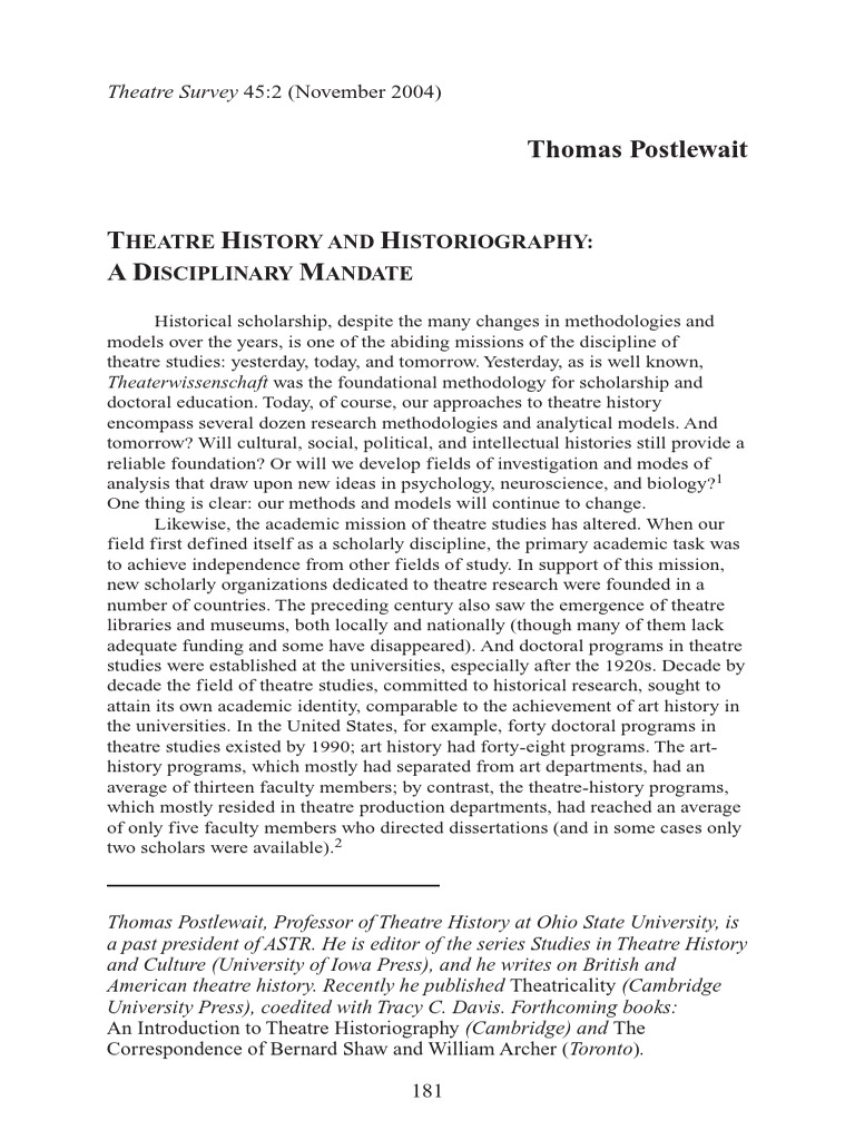 Thomas Postlewait: Heatre Istory and Istoriography: Isciplinary Andate ...