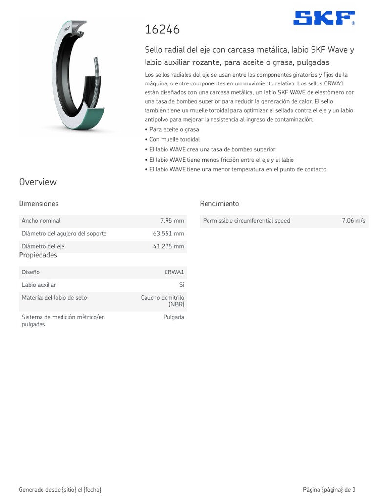 Descripción técnica y especificaciones de un sello radial de eje con carcasa metálica y labios ...