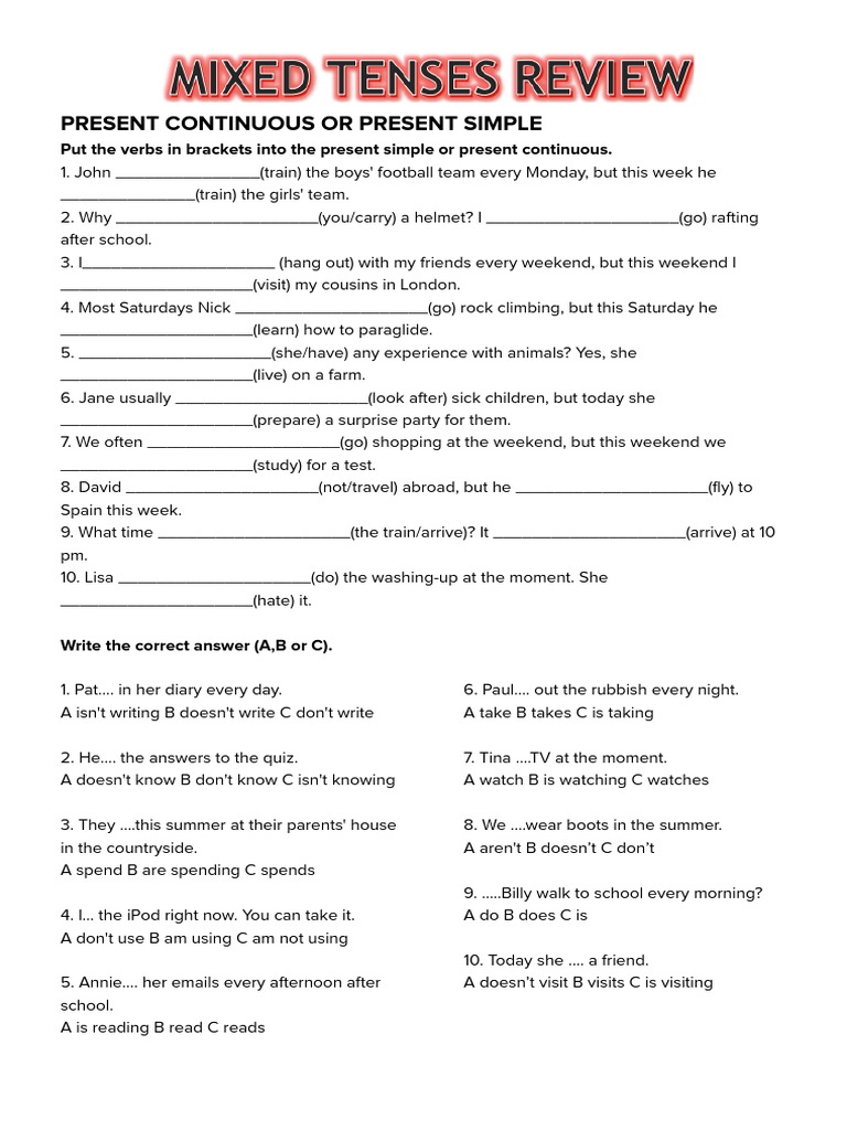 Tenses Worksheet for Class 7 Review | PDF