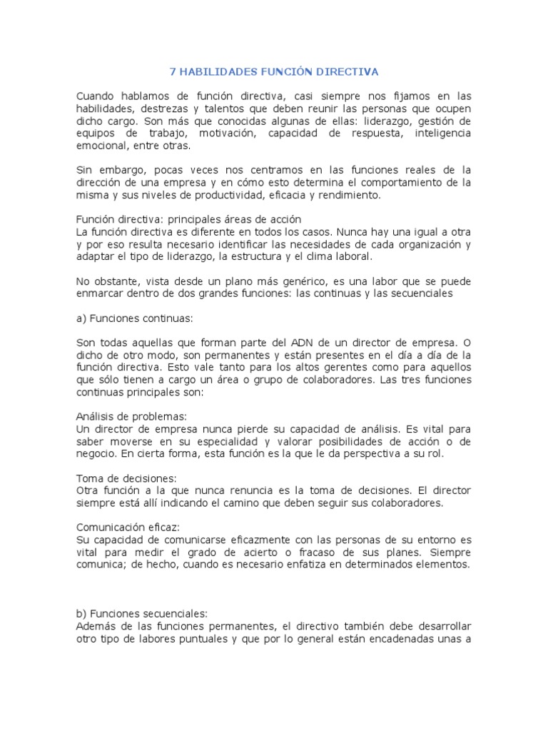 7 Habilidades Función Directiva | PDF | Planificación | Liderazgo