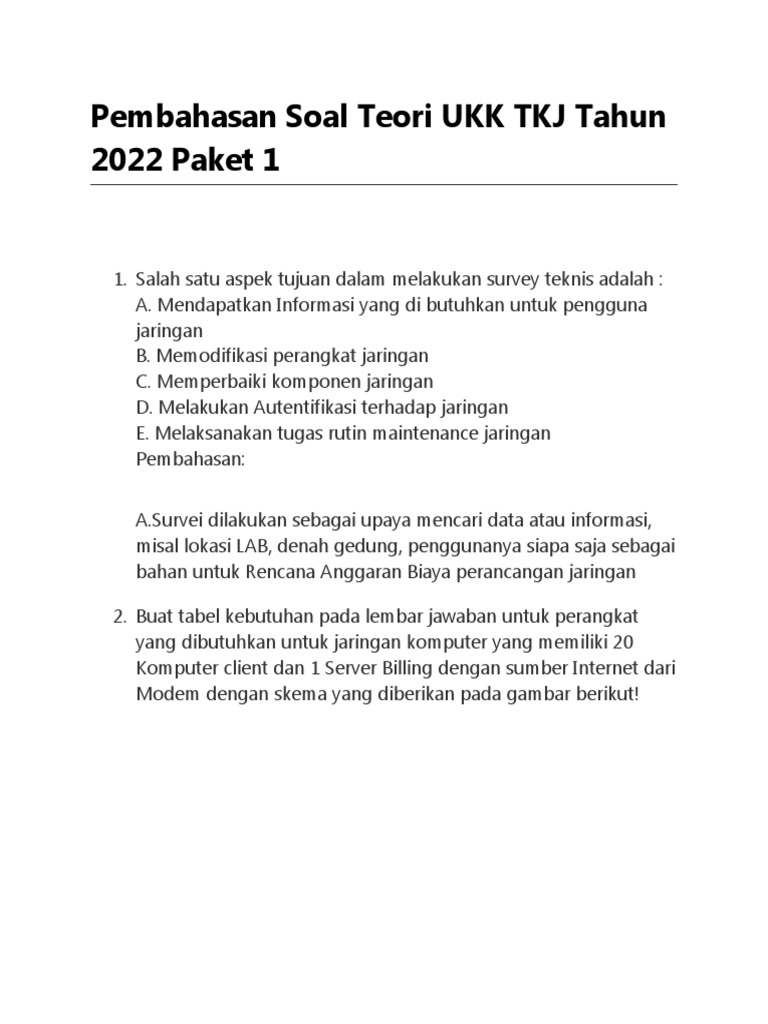 Pembahasan Soal Teori UKK TKJ Tahun 2022 Paket 1 | PDF