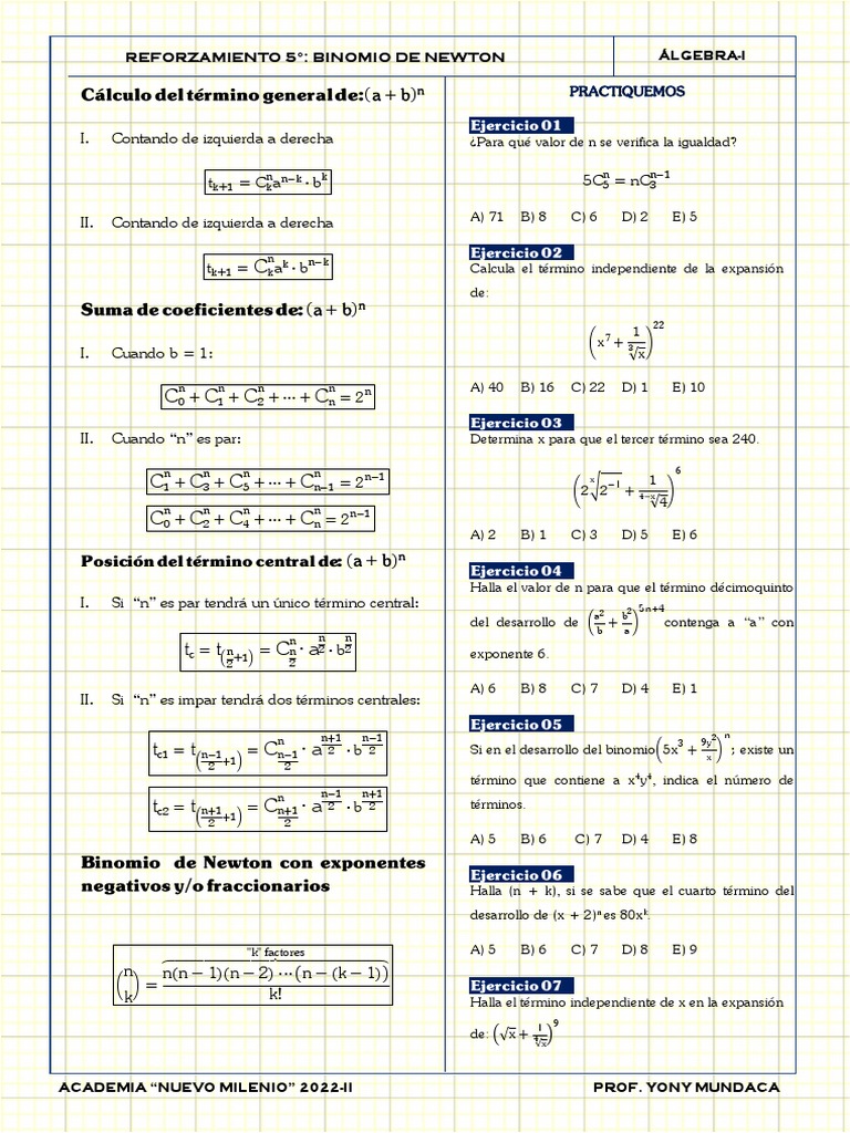 Álgebra - Binomio Newton PDF | PDF