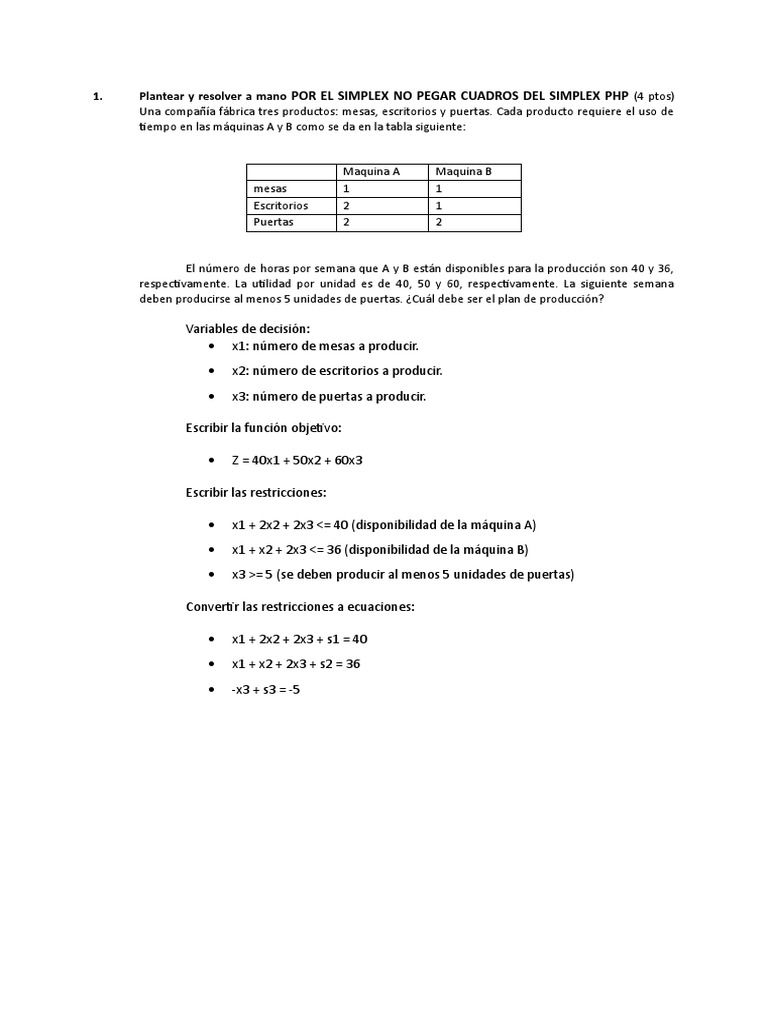 Plantear y Resolver A Mano POR EL SIMPLEX NO PEGAR CUADROS DEL SIMPLEX ...