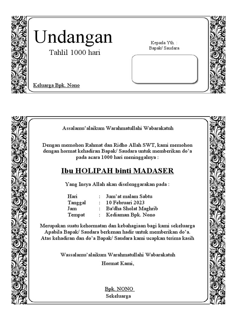 Undangan - Tahlil 1000 Hari | PDF