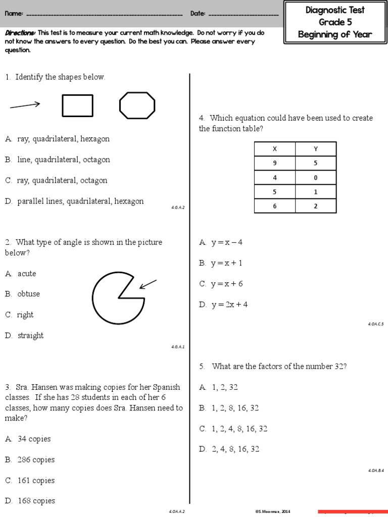 5th Grade Pre Assessment 1 PDF | PDF