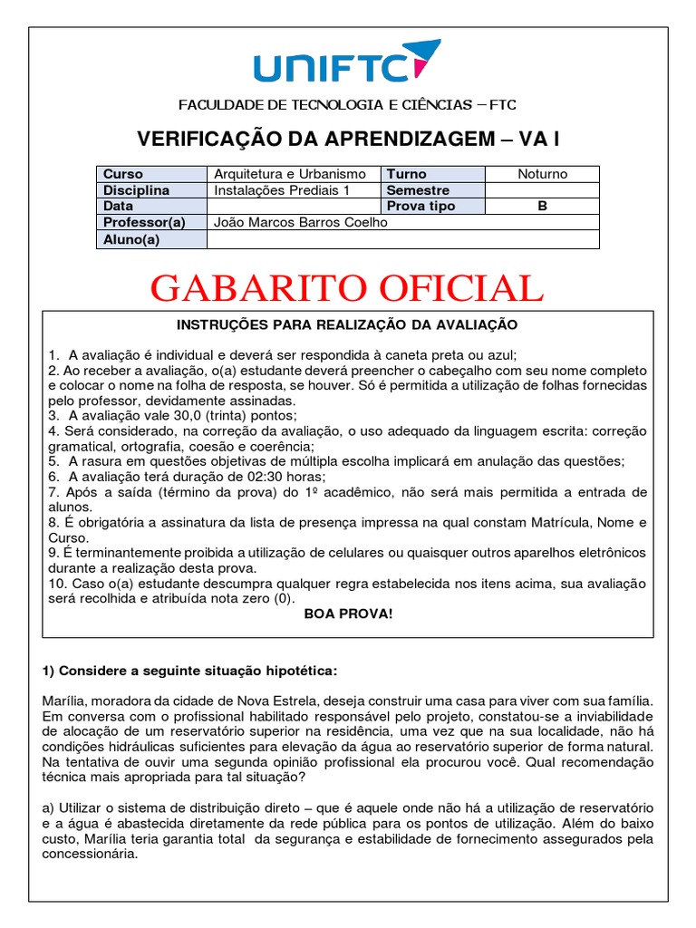 GABARITO VA1 SISTEMAS 01 - Tipo B - Noturno PDF | PDF