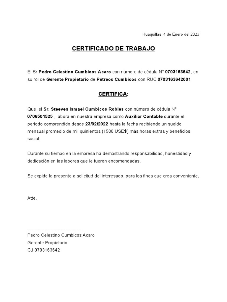 Modelo Certificado Trabajo Laboral | PDF