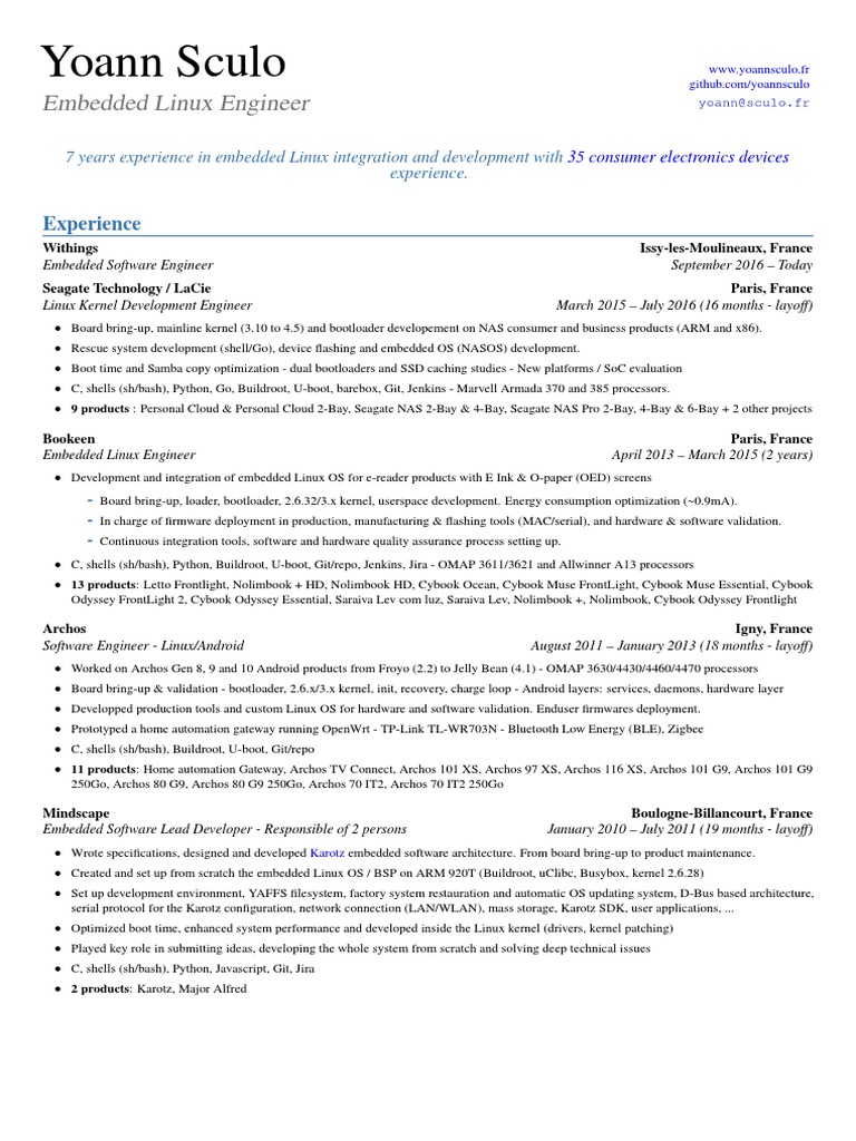 Yoann Sculo Resume Embedded Linux | PDF