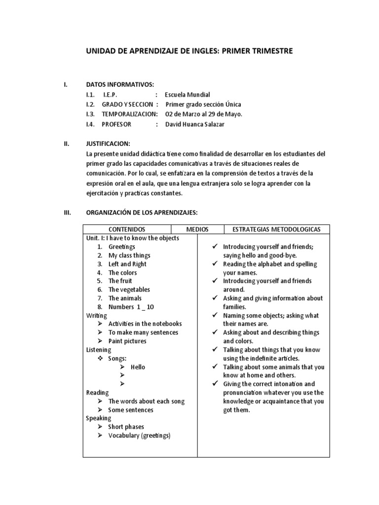 Unidad de Aprendizaje de Ingles Primaria | PDF