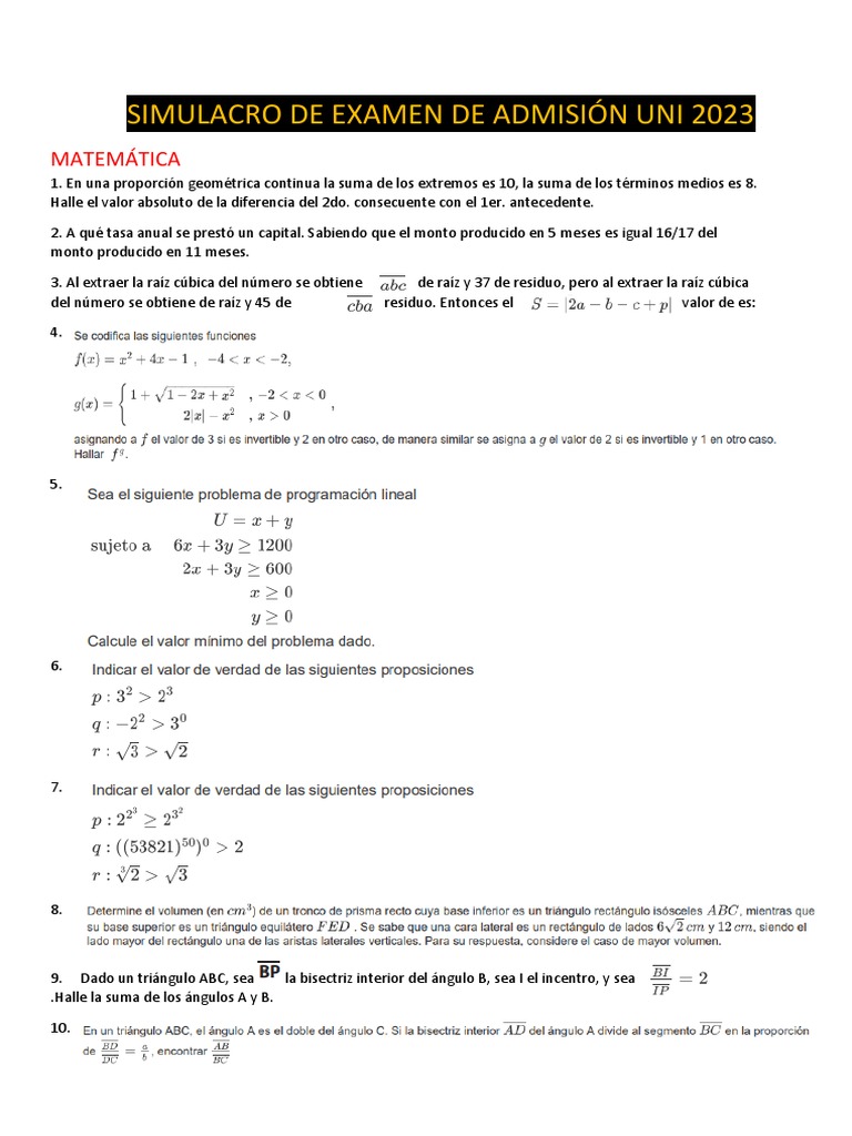 Simulacro de Examen de Admisión Uni 2023 | PDF
