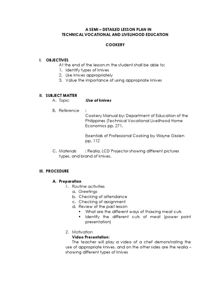 Semi Detailed Lesson Plan PDF Cookery PDF | PDF