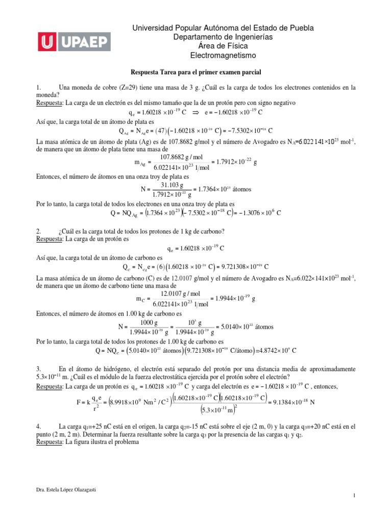 Respuesta Tarea de Ejercicios para El Primer Examen Parcial PDF | PDF | Átomos | Fuerza