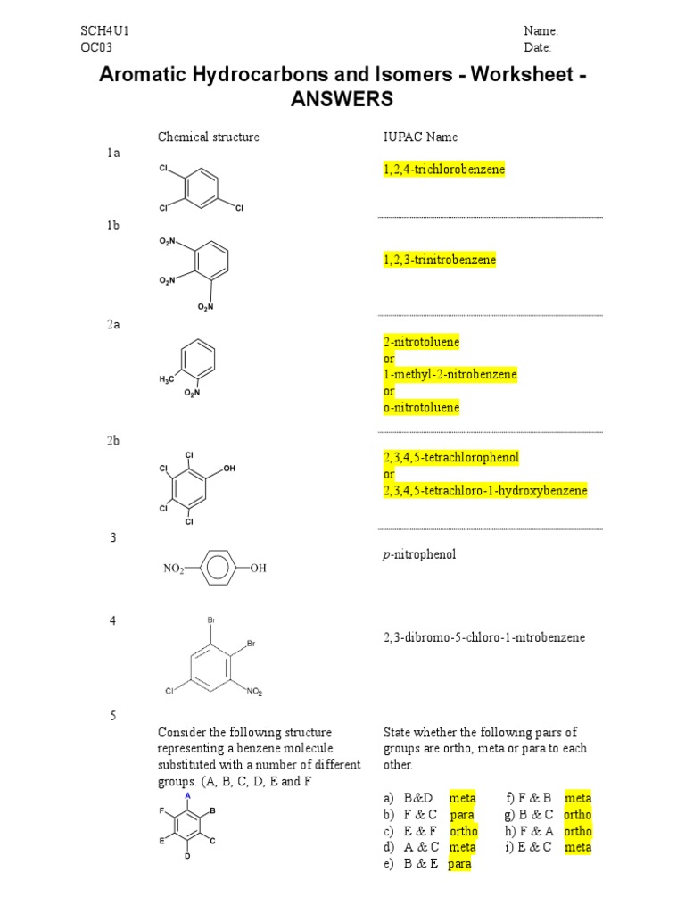 Aromatic Hydrocarbons and Isomers Worksheet | PDF