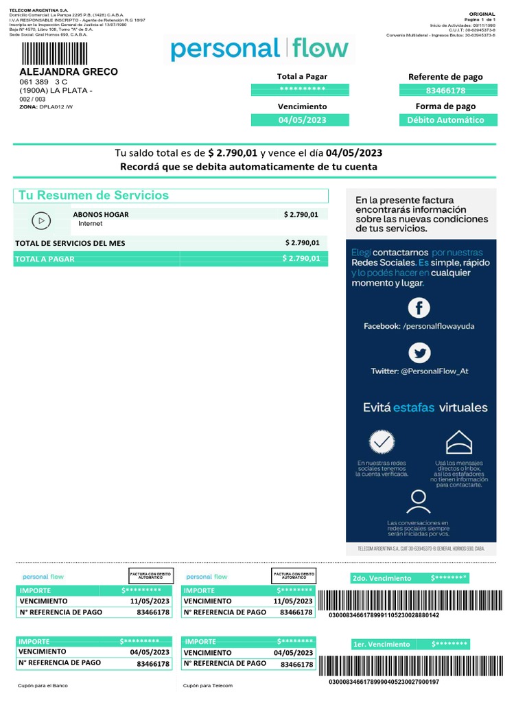 Factura Telecom Argentina Mayo 2023 | PDF | Servicios financieros ...