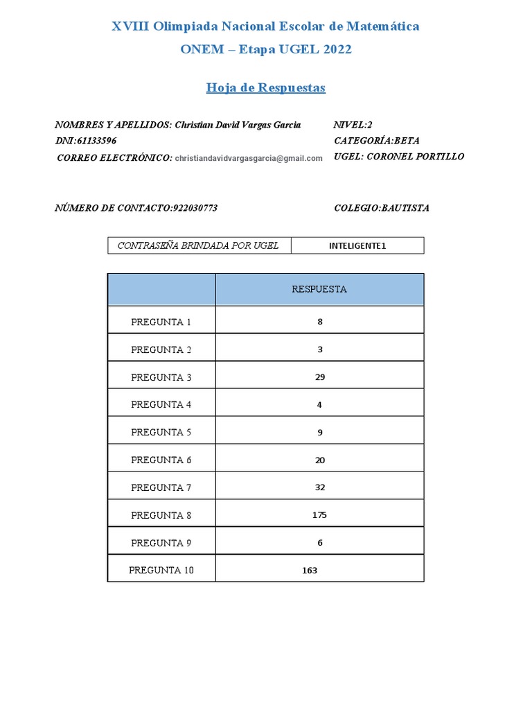 Formato - Hoja de Respuestas - Etapa Ugel - Onem | PDF