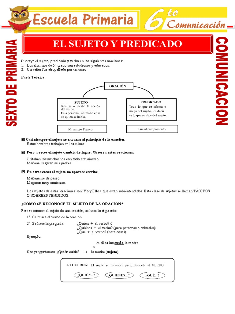 Reconociendo El Sujeto y El Predicado para Sexto de Primaria | PDF