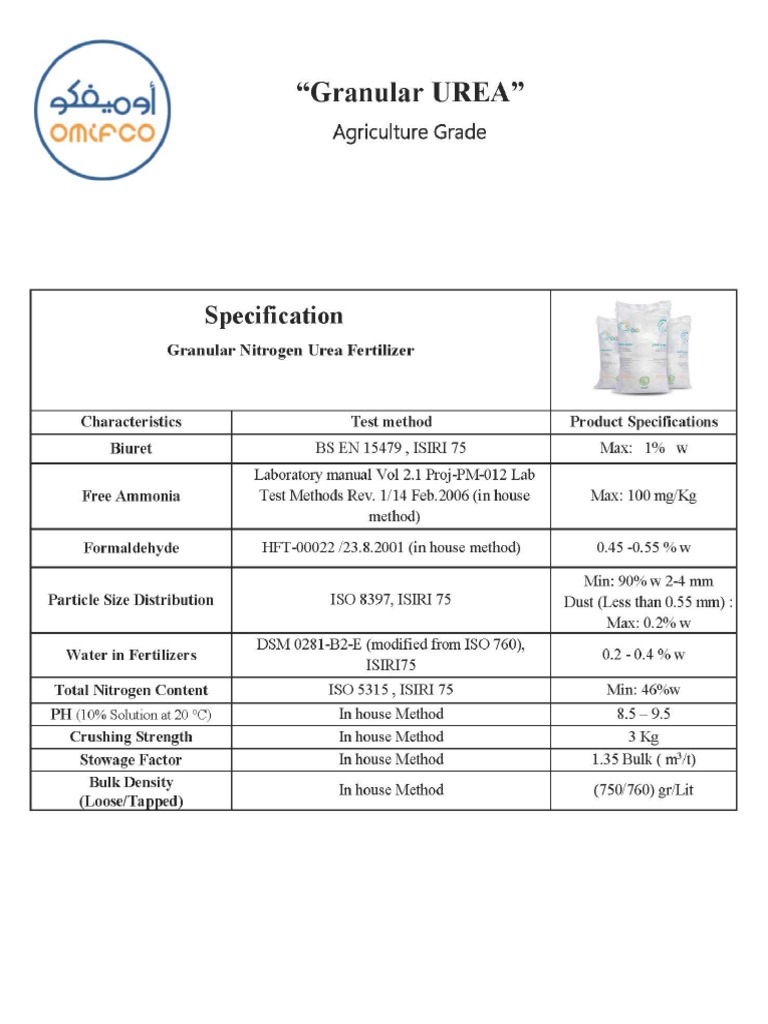 Technical Specifications Urea OMIFCO PDF | PDF