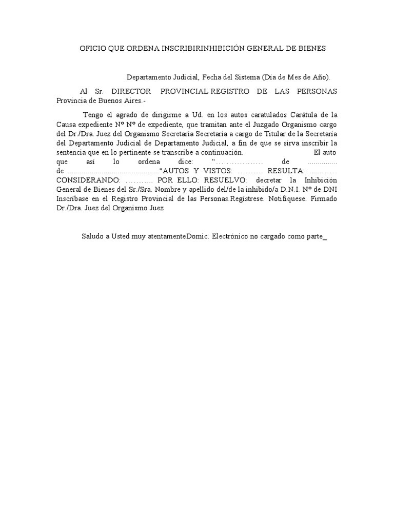 Oficio Que Ordena Inscribir Inhibición General de Bienes | PDF