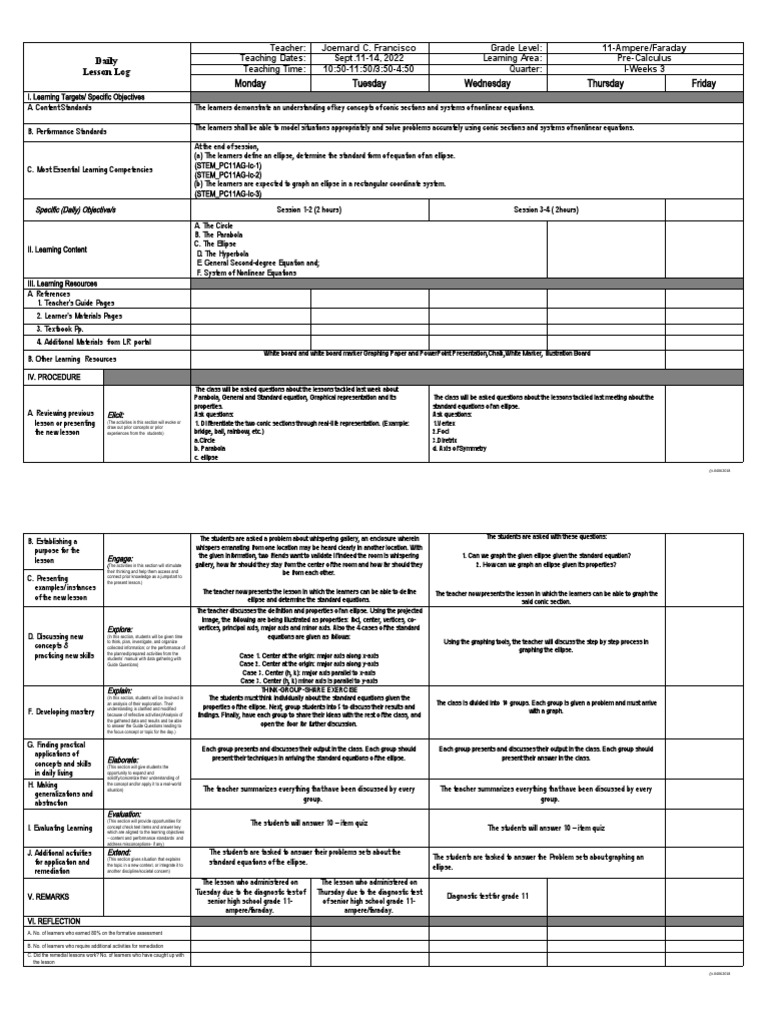 Dll-Pre Calculus Q1 Week 3 | PDF | Ellipse | Cartesian Coordinate System