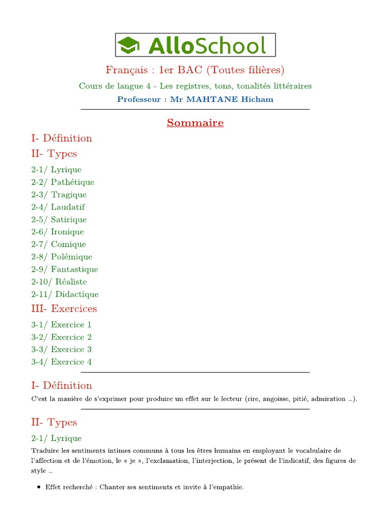 Cours de Langue 4 Les Registres Tons Tonalites Litteraires 4 | PDF