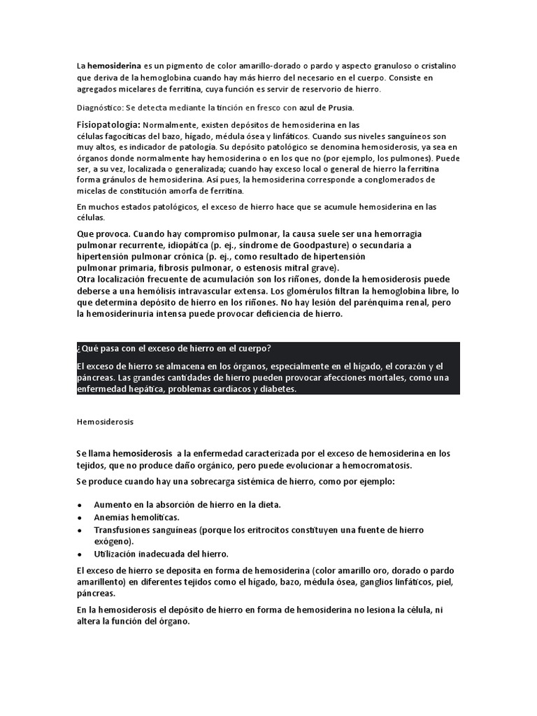 Hemosiderina y Hemosiderosis: Diagnóstico y Efectos | PDF