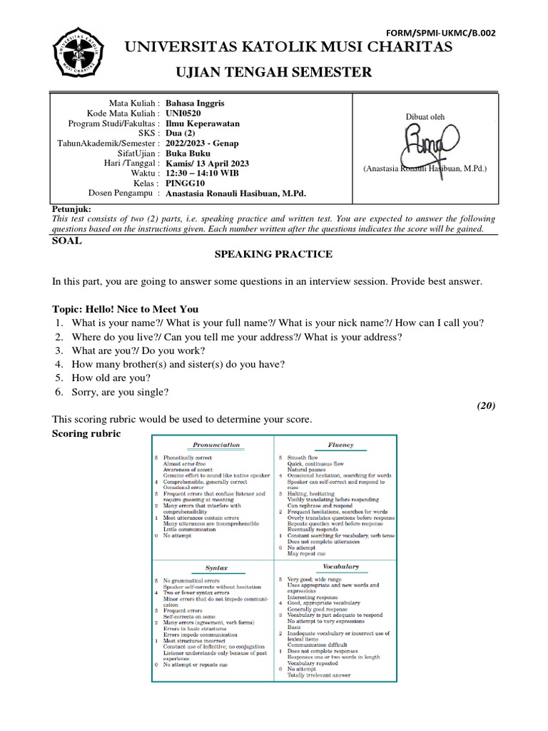 Remedial Speaking - UTS Bahasa Inggris PINGG10 Genap TA 2022-2023 PDF | PDF