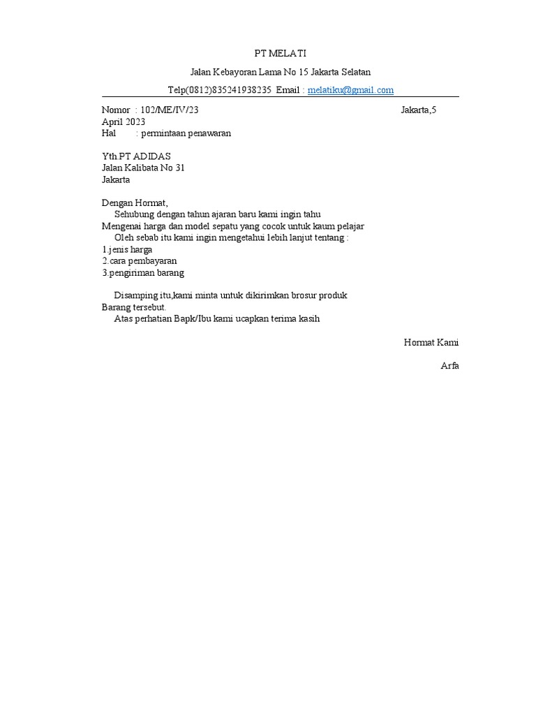 Surat Permintaan Penawaran M.arfa Ramadhan x-mplb2 | PDF