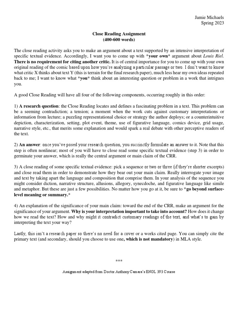 Close Reading Assignment ENGL 251 PDF | PDF | General Fiction