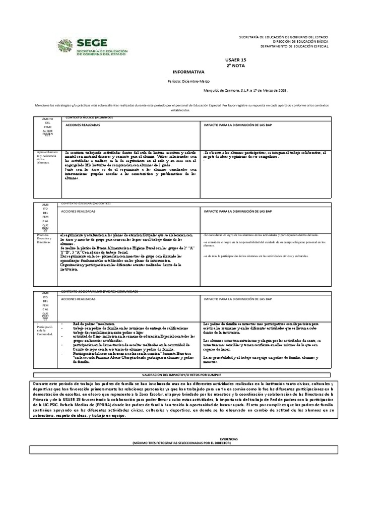 2° Nota Informativa Formato 2 | PDF | Educación primaria | Salón de clases