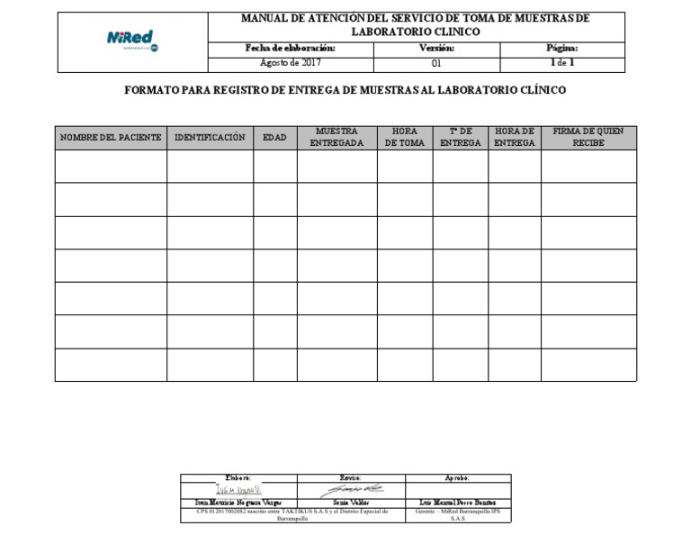 Formato para Registro de Entrega de Muestras Al Laboratorio Clínico | PDF
