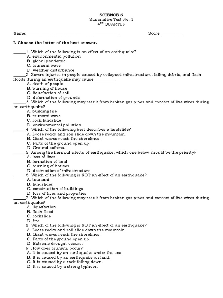 ST1 - Q4 - Science 6 | PDF | Landslide | Tsunami