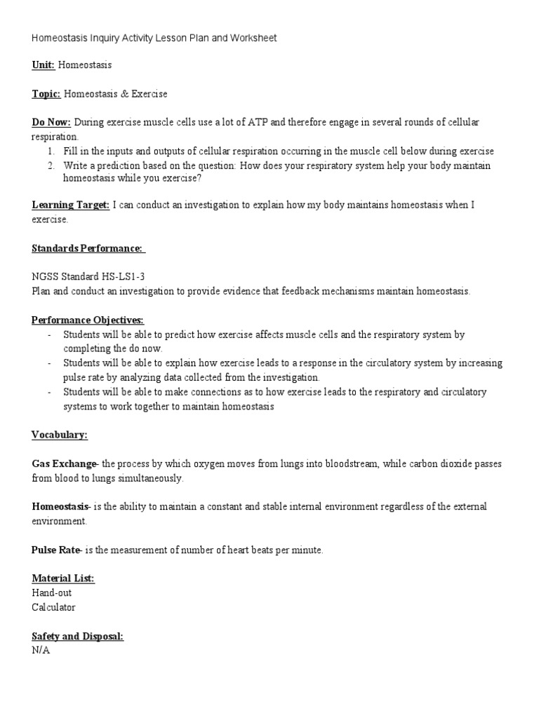 Homeostasis Exercise Lesson Plan | PDF