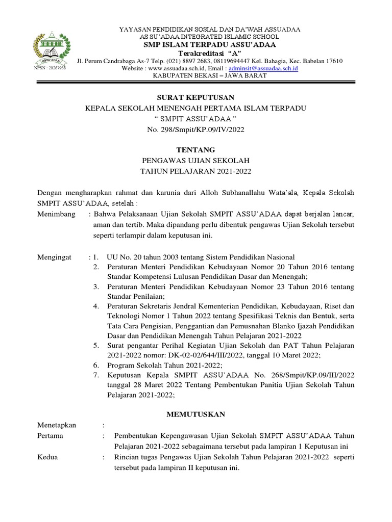 SK Pengawas Ujian Sekolah 2022 PDF | PDF