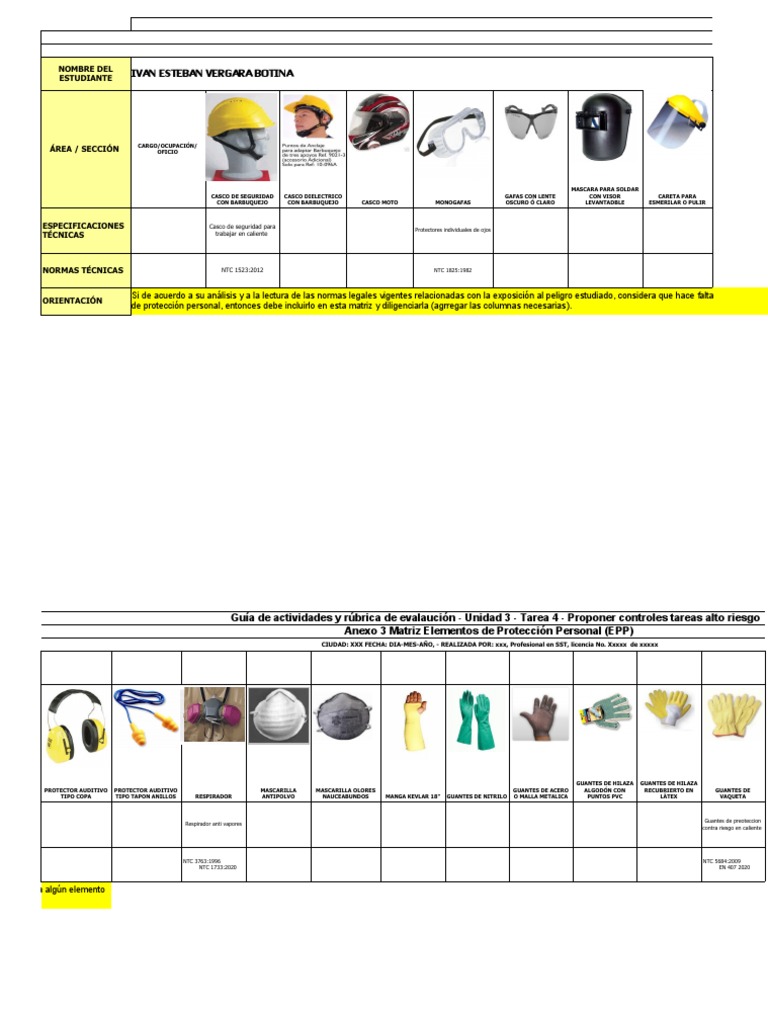 Anexo 3 Matriz Elementos de Protección Personal (EPP) - Ivan Vergara | PDF | Casco | Equipo ...