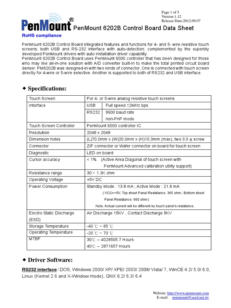 PenMount-6202B-Control-Board-Data-Sheet-V1.12 | PDF | Usb | Computing