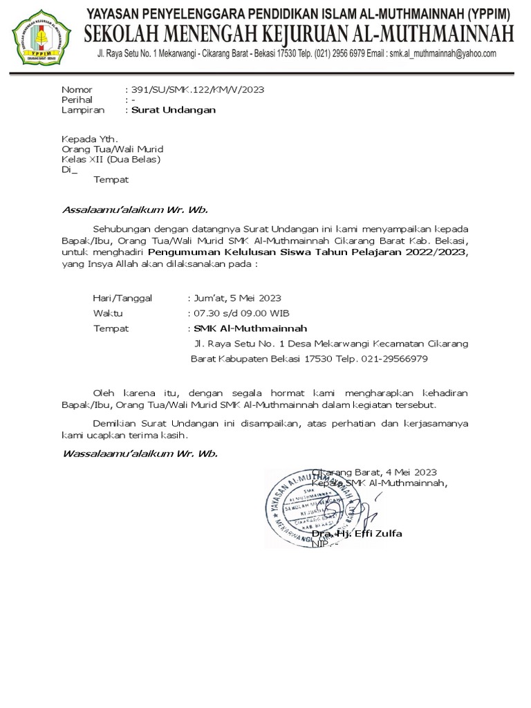 Surat Undangan Kelulusan 2023 | PDF