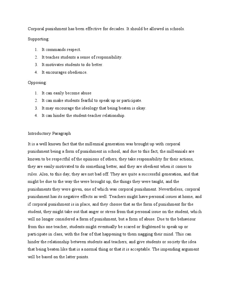 Corporal Punishment Argumentative Essay | PDF